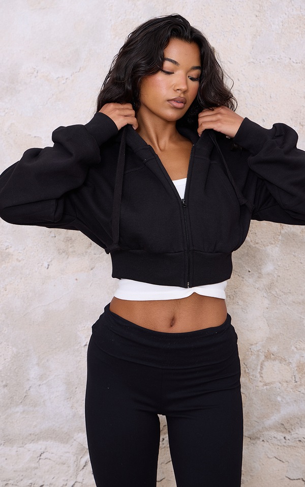 Black Zip Up Pocket Detail Cropped Hoodie | Sweat | PrettyLittleThing USA