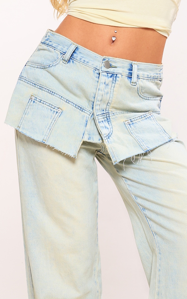 Light Blue Wash Layered Exposed Wide Leg Jeans | Denim | PLT