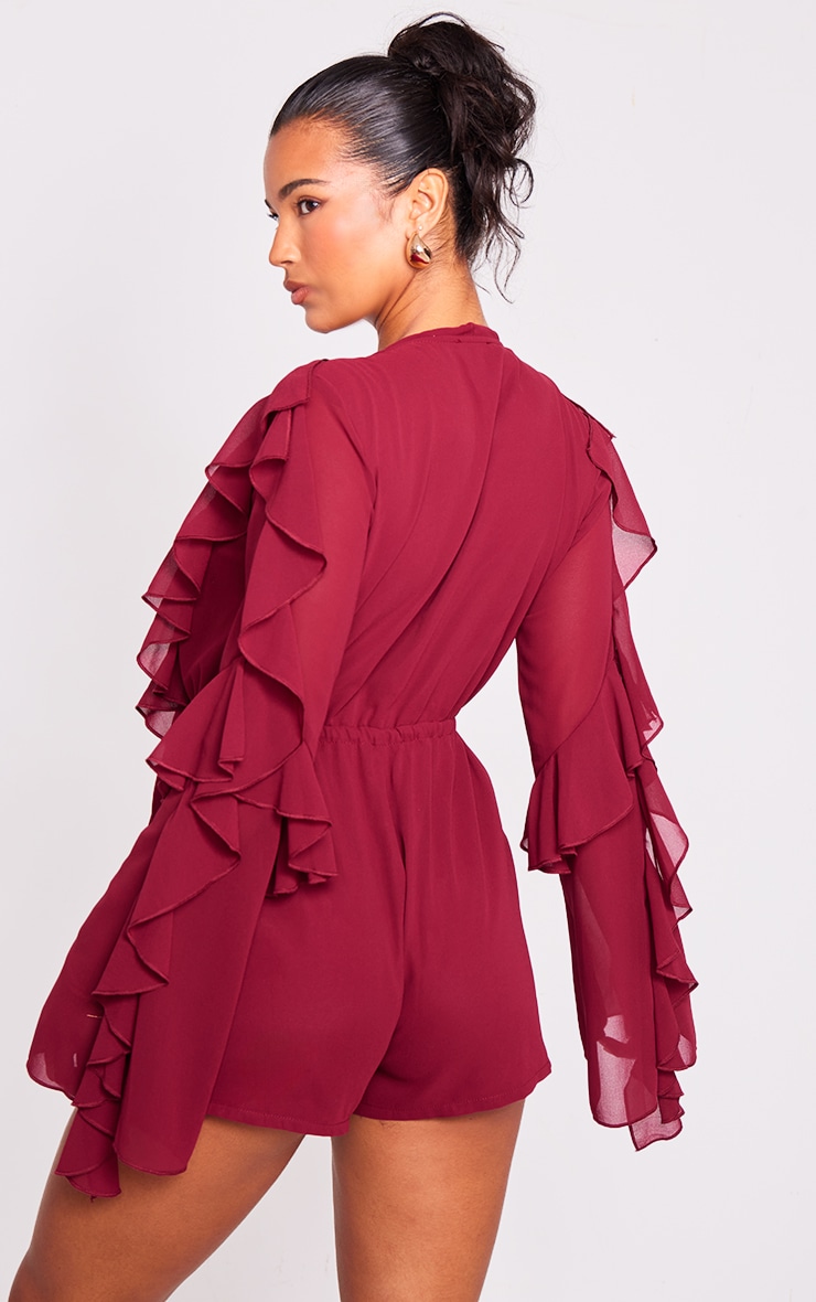 Burgundy Ruffle Detail Long Sleeve Plunge Romper | Jumpsuits & Rompers ...