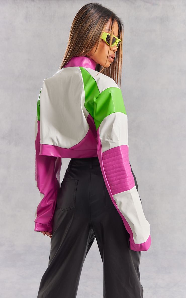 White Pu Shoulder Padded Cropped Racer Jacket | PrettyLittleThing USA