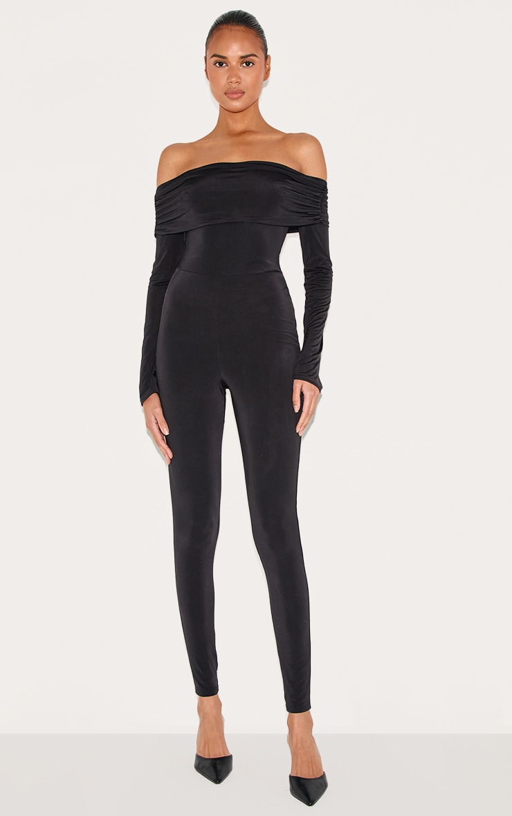 Black Double Layer Slinky Bardot Skinny Jumpsuit | Dresses | PLT