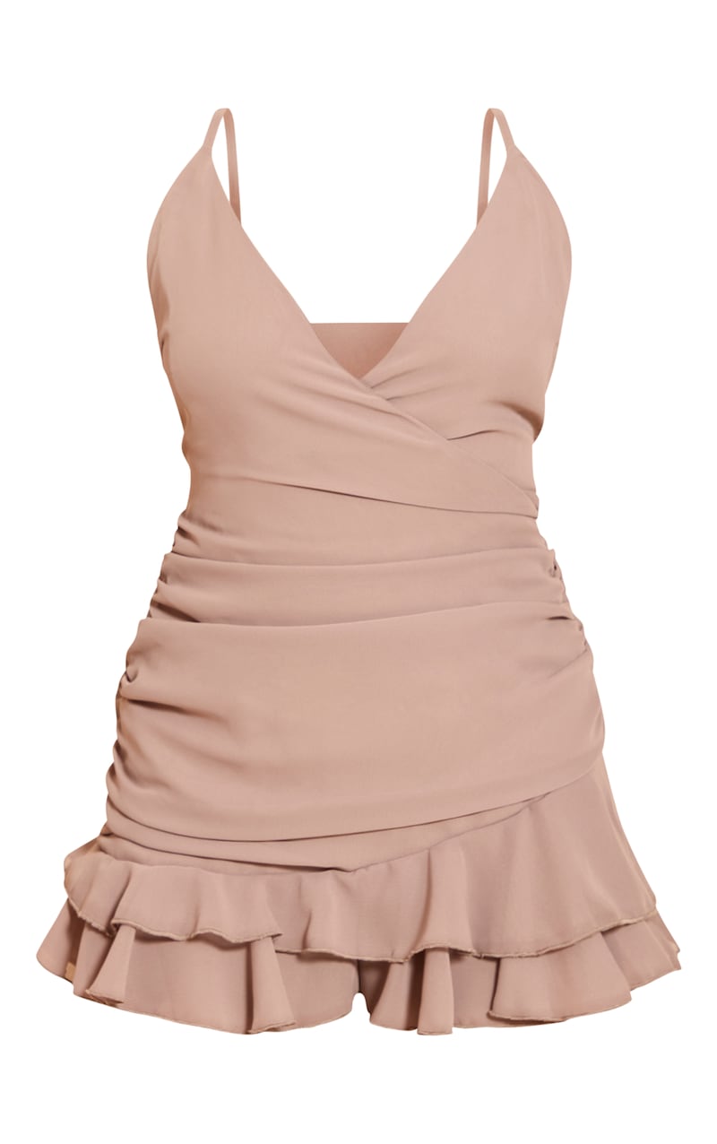 Taupe V Neck Frill Playsuit | Dresses | PLT