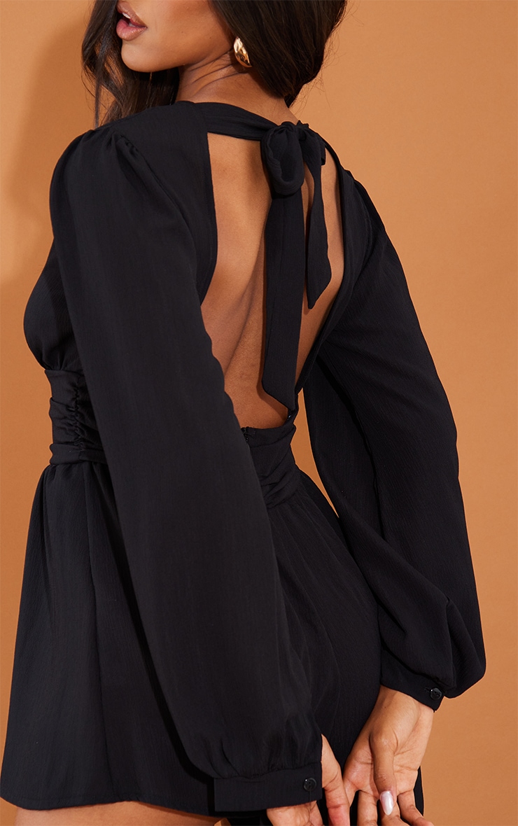 Black Textured Long Sleeve Tie Back Playsuit | Dresses | PLT