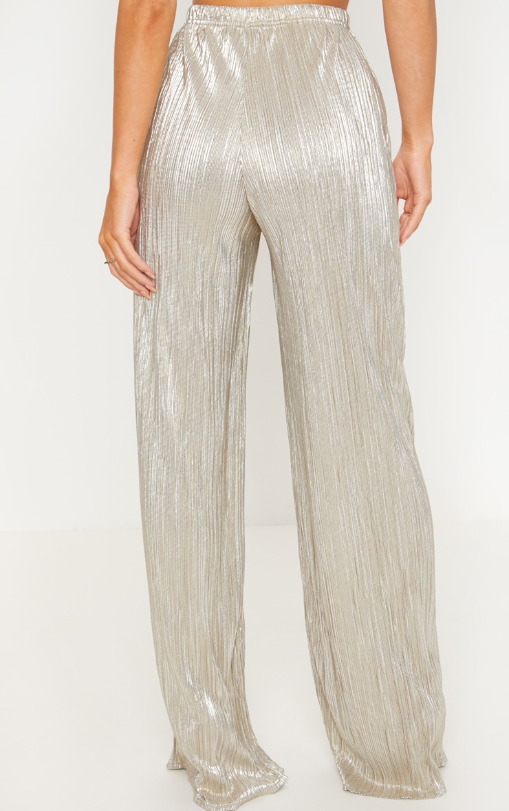 Gold Metallic Ribbed Wide Leg Pants | PrettyLittleThing USA