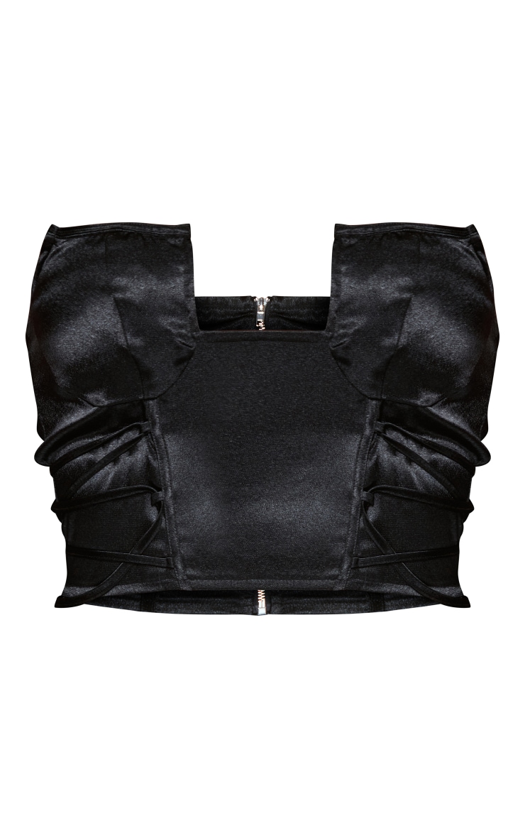 Shape Black Satin Lace Up Side Crop Top | Shape | PrettyLittleThing QA