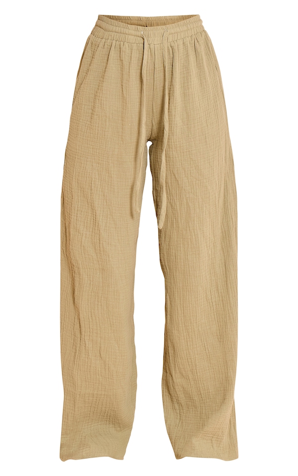 Khaki Cheesecloth Textured Wide Leg Pants | Co-ords | PLT USA