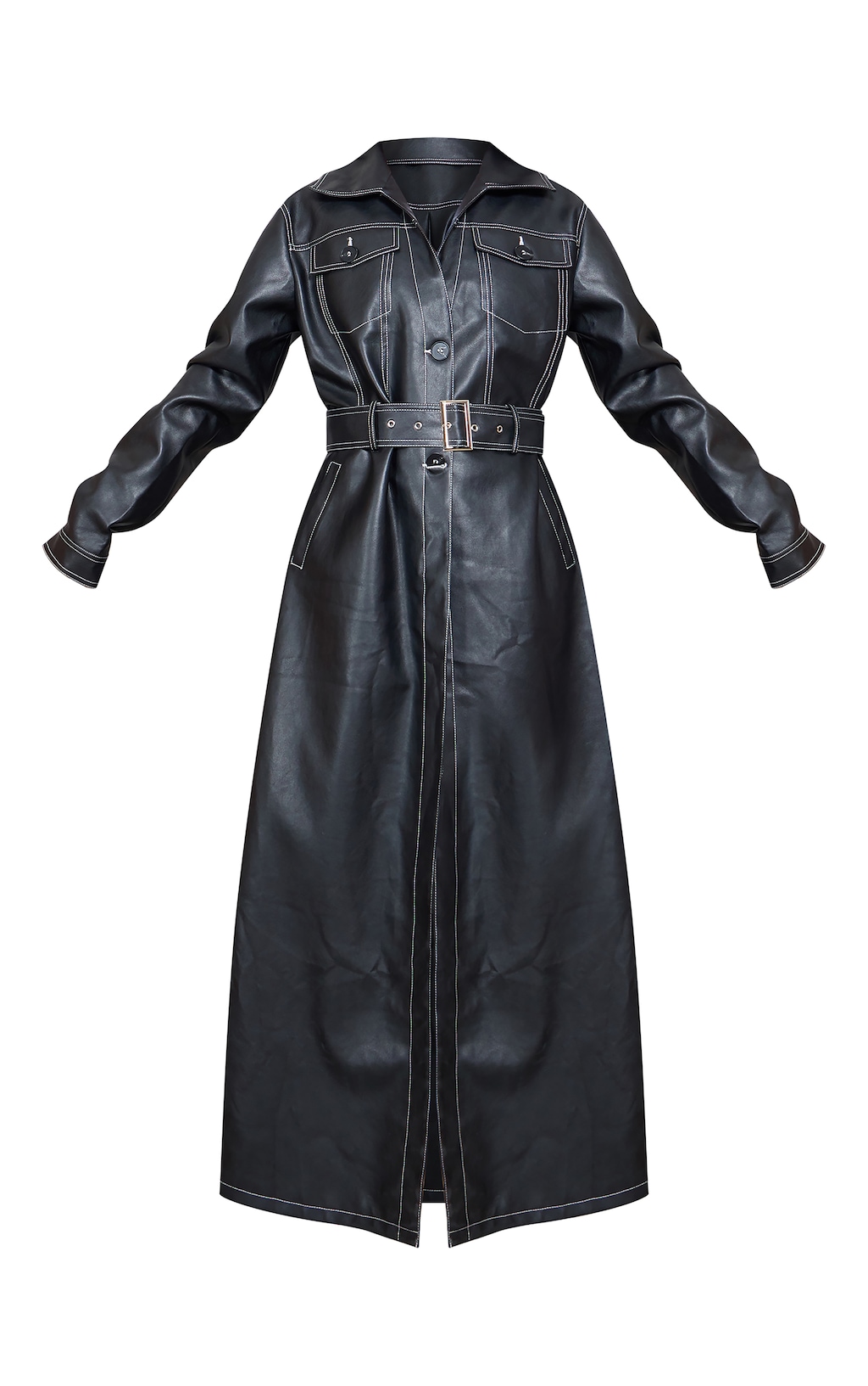 Tall Black PU Contrast Stitch Trench Coat | Tall | PLT