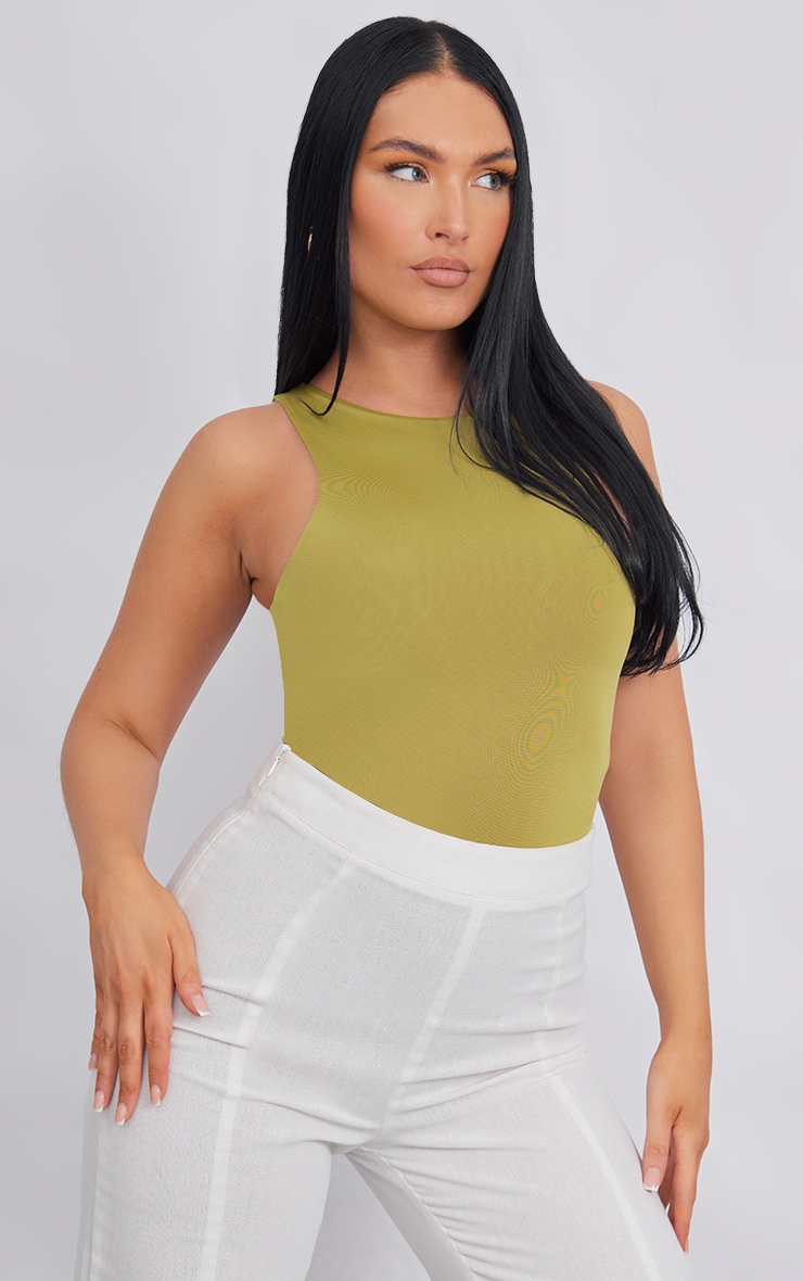 Khaki Slinky Racer Bodysuit | Tops | PrettyLittleThing