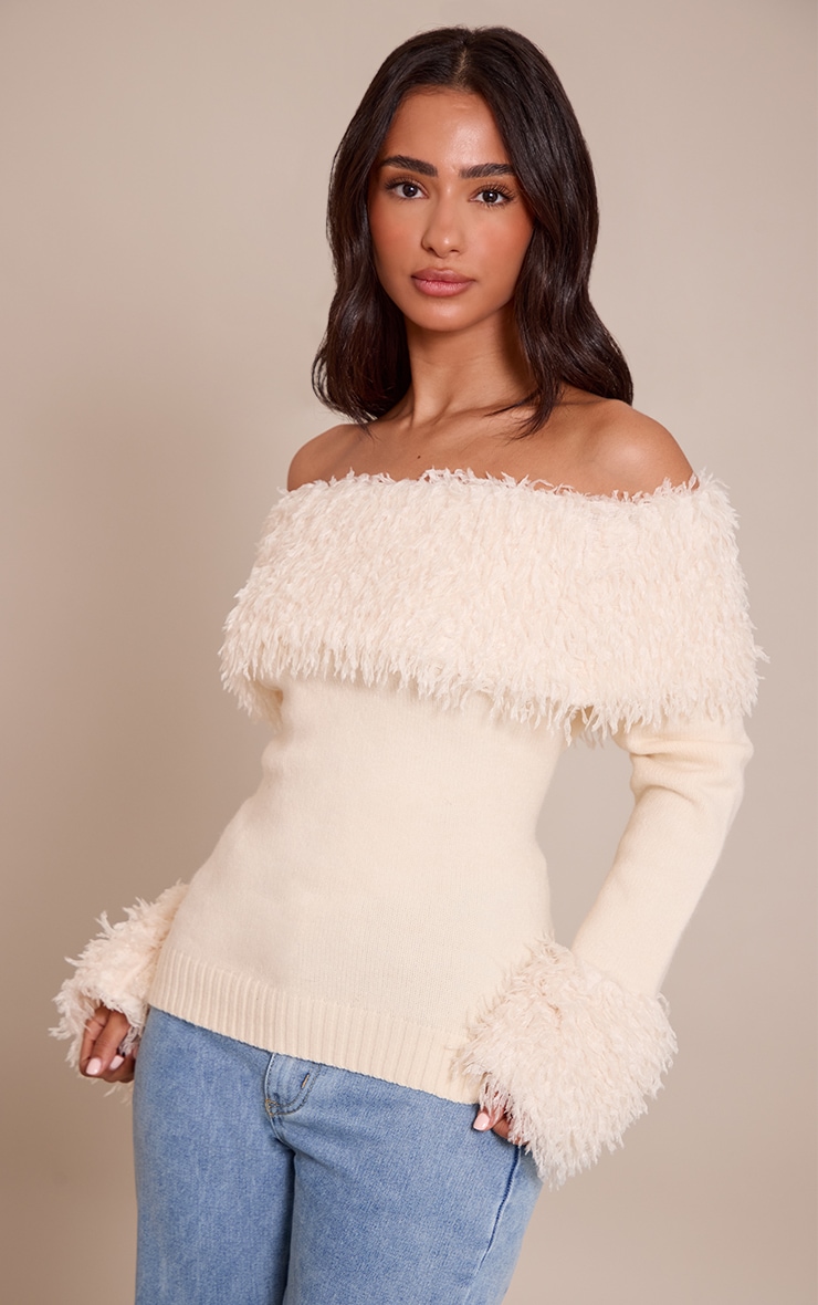 Petite Cream Feather Trim Knitted Bardot Top | Petite ...
