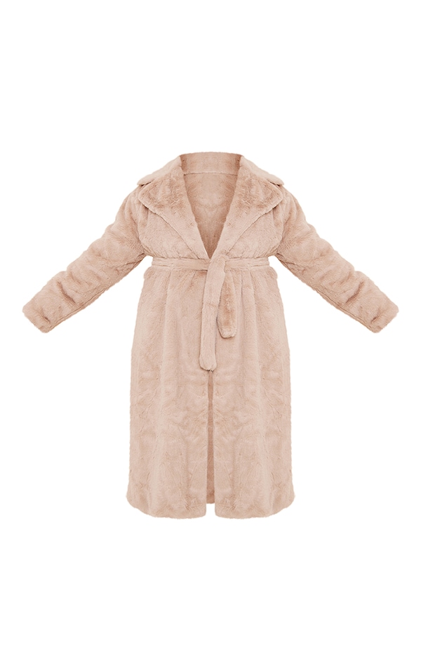 Plus Taupe Belted Faux Fur Coat | Plus Size | PrettyLittleThing AUS