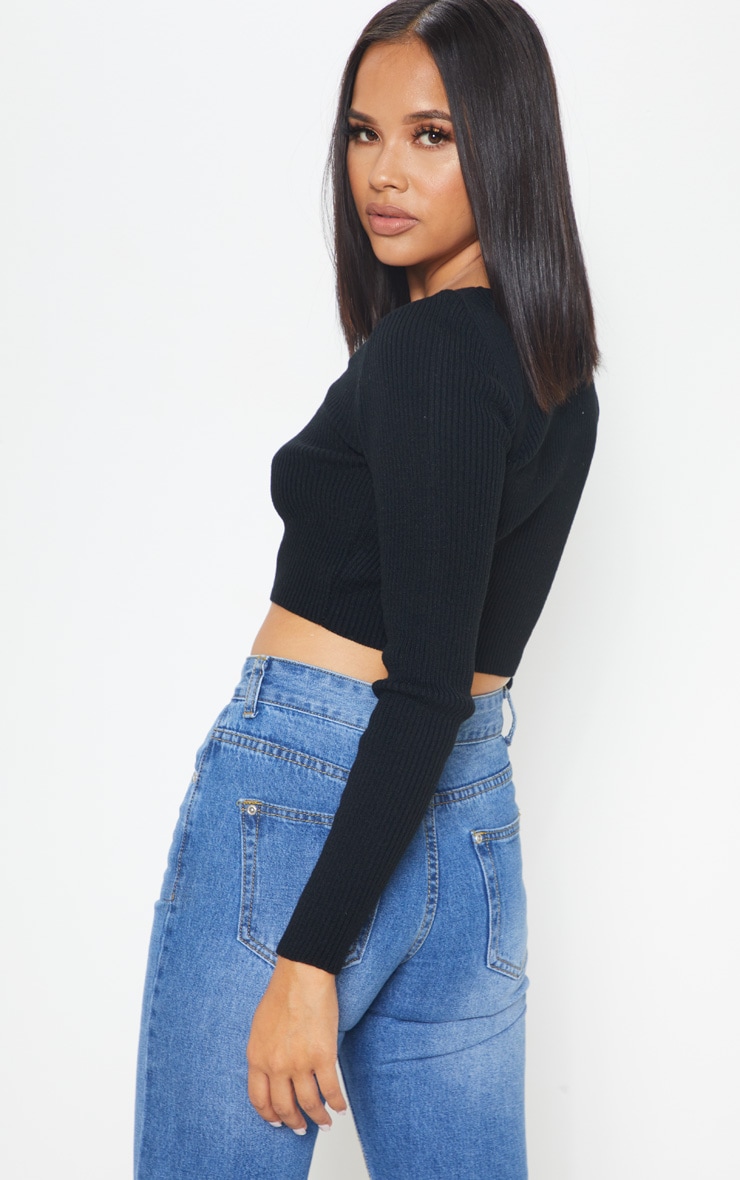 Black Square Front Ribbed Top | Knitwear | PrettyLittleThing USA