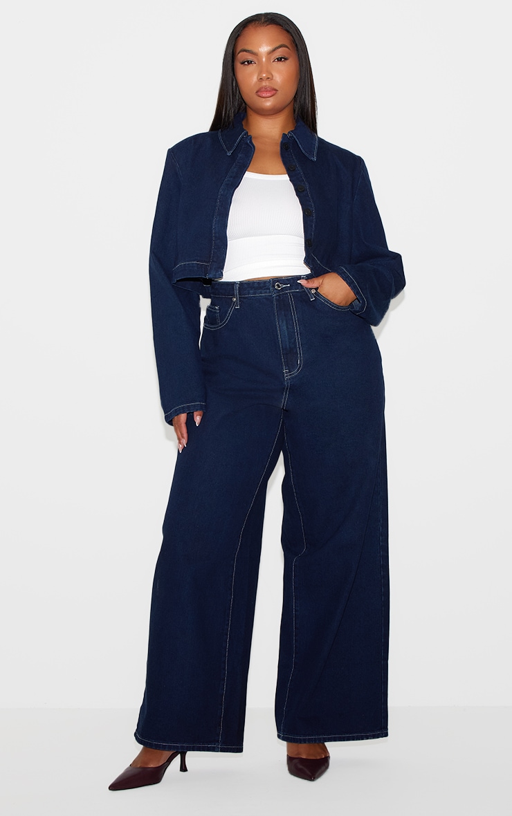 Plus Indigo Cropped Denim Contrast Stitch Jacket | Plus Size | PLT