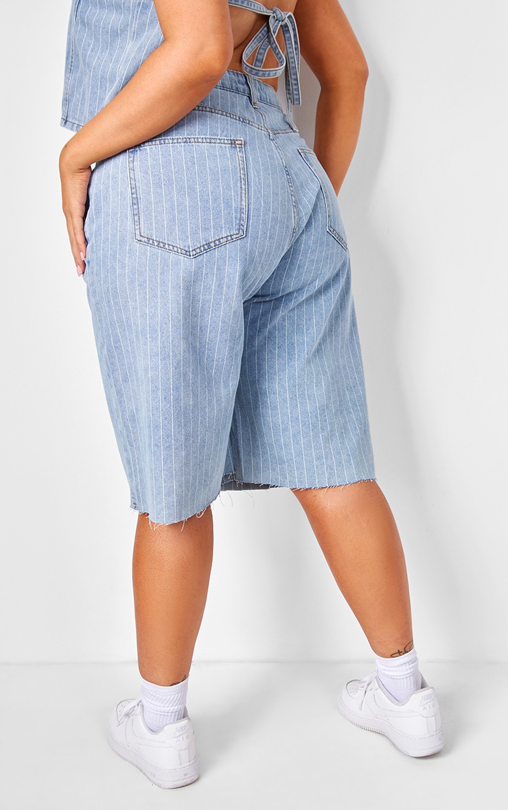 Plus Light Blue Pinstripe Long Line Denim Shorts | Plus Size | PLT USA
