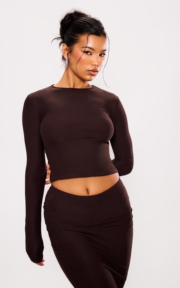 Chocolate Soft Touch Longline Sleeve Top | Co-ords | PrettyLittleThing AUS