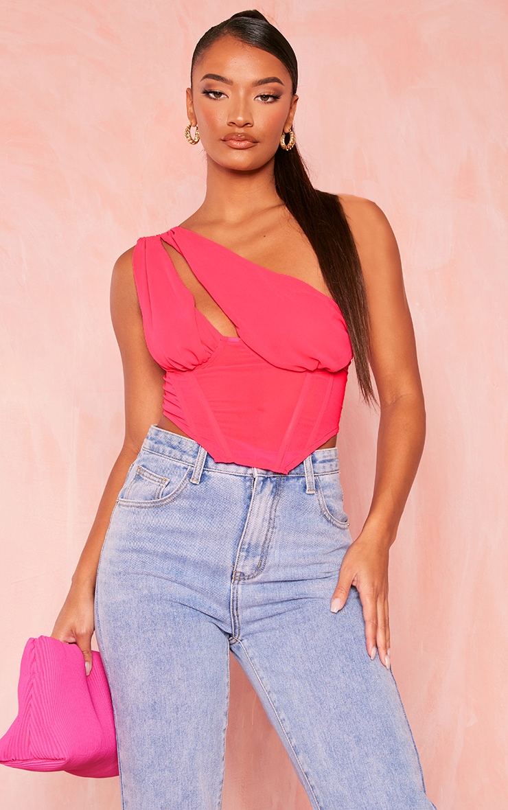 Hot Pink One Shoulder Cut Out Boned Dip Hem Corset | Tops | PrettyLittleThing QA