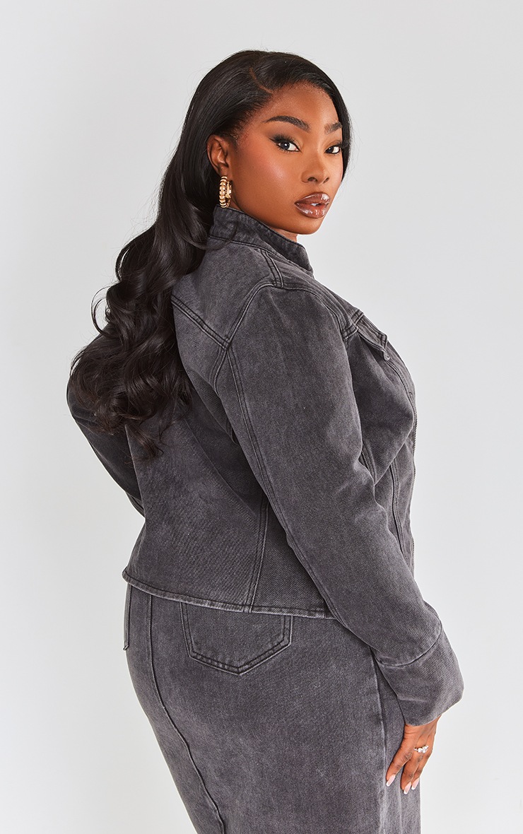 Plus Washed Black Zip Up Fitted Denim Jacket | Plus Size ...
