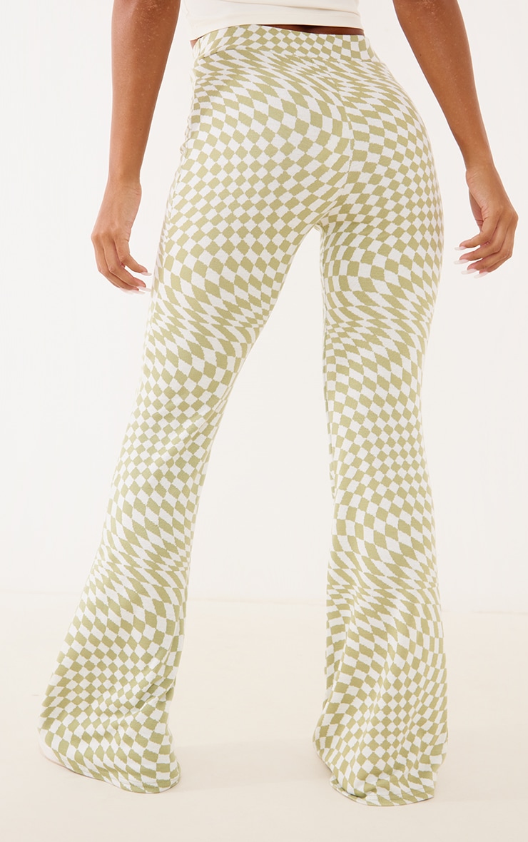 Sage Green Green Jacquard Checkerboard Flares | PrettyLittleThing CA