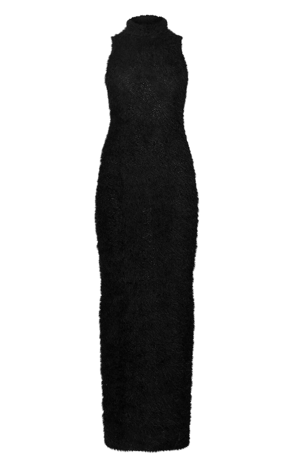 Black Fluffy High Neck Maxi Dress | Dresses | PLT USA