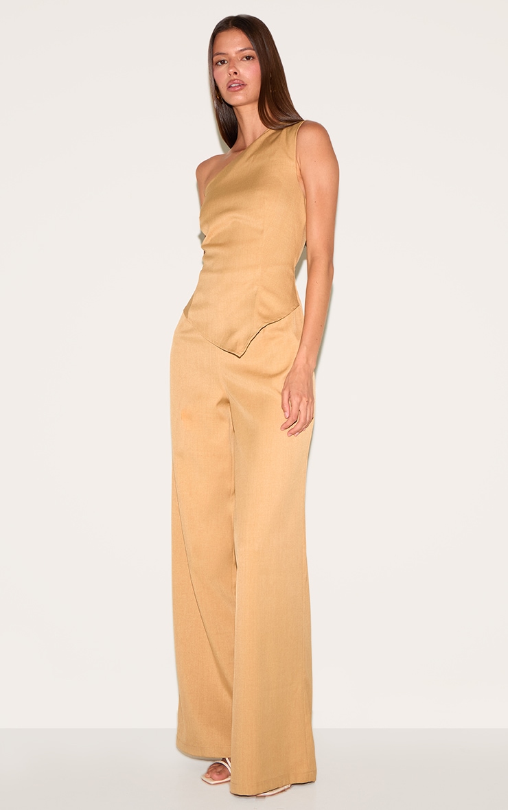 Sand Woven One Shoulder Wide Leg Jumpsuit | Dresses | PLT USA