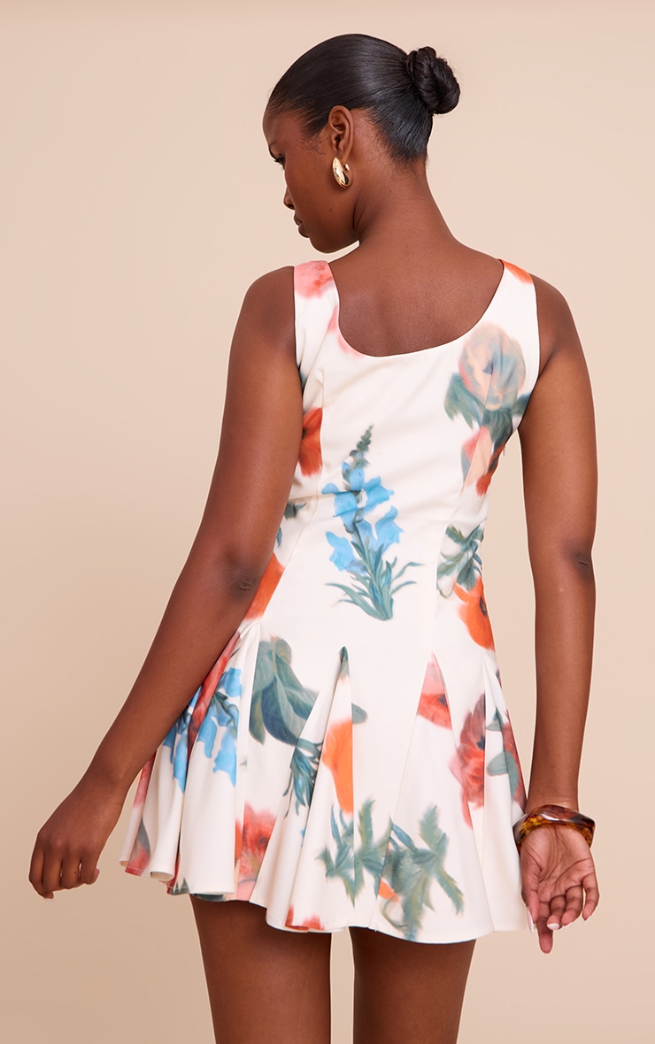 Cream Floral Printed Woven Godet Shift Dress | Dresses | PLT