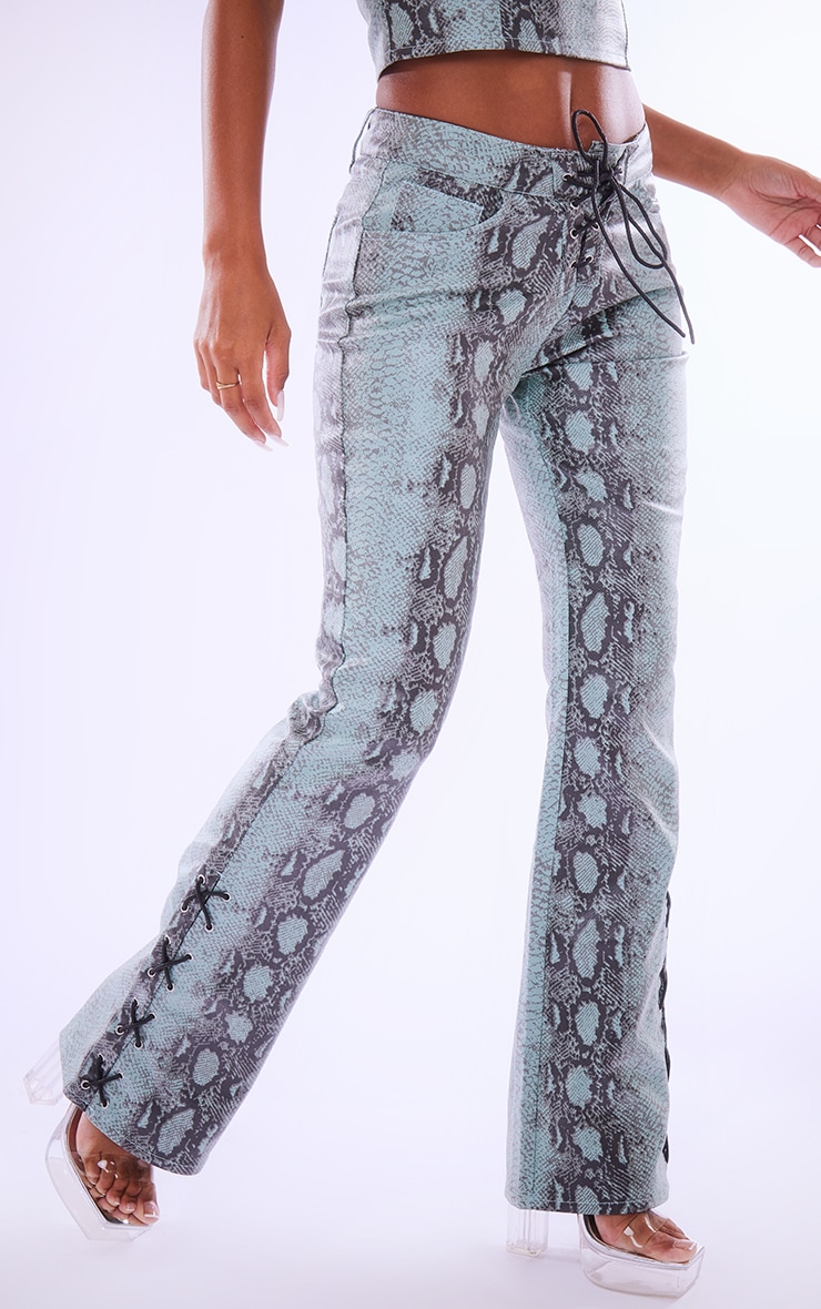 Blue Snake Print Coated Denim Flare Jean | PrettyLittleThing AUS