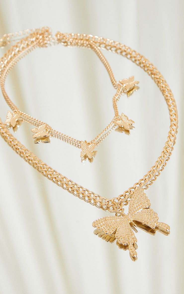 Gold Chain Double Pave Butterfly Necklace | PrettyLittleThing