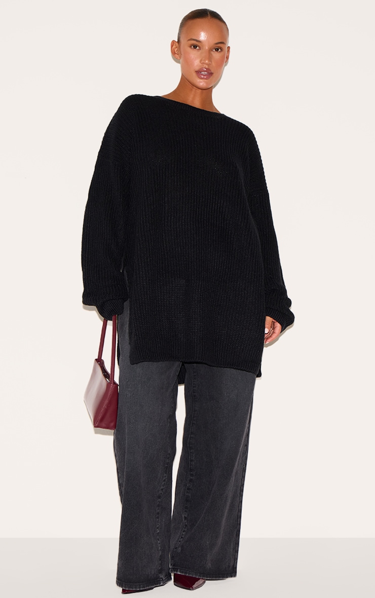 Plus Black Round Neck Side Split Sweater | Plus Size ...