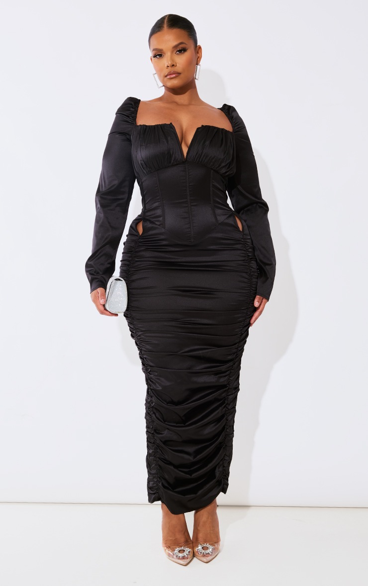Plus Black Ruched Corset Satin Midi Dress Prettylittlething Usa