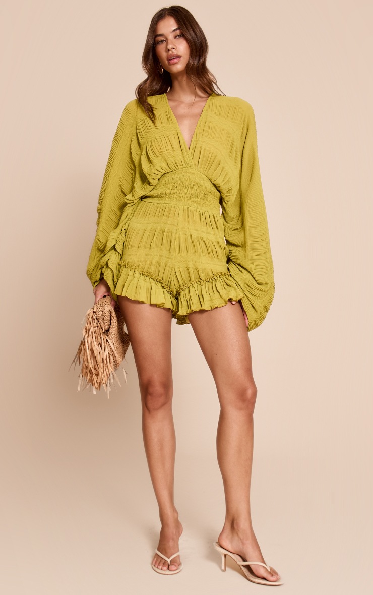 Olive Textured V Neck Frill Playsuit | Dresses | PLT