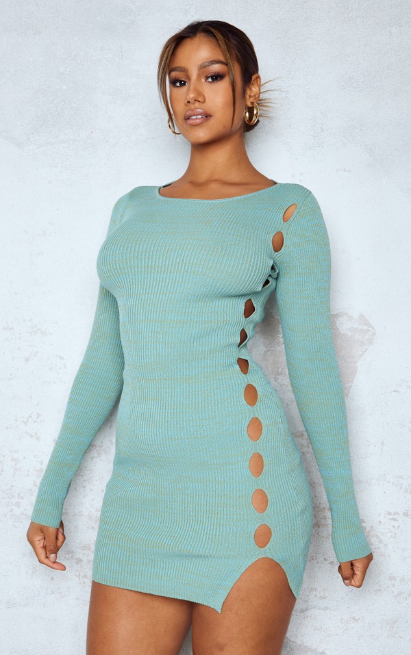 Turquoise Space Dye Cut Out Side Mini Dress | Knitwear | PLT
