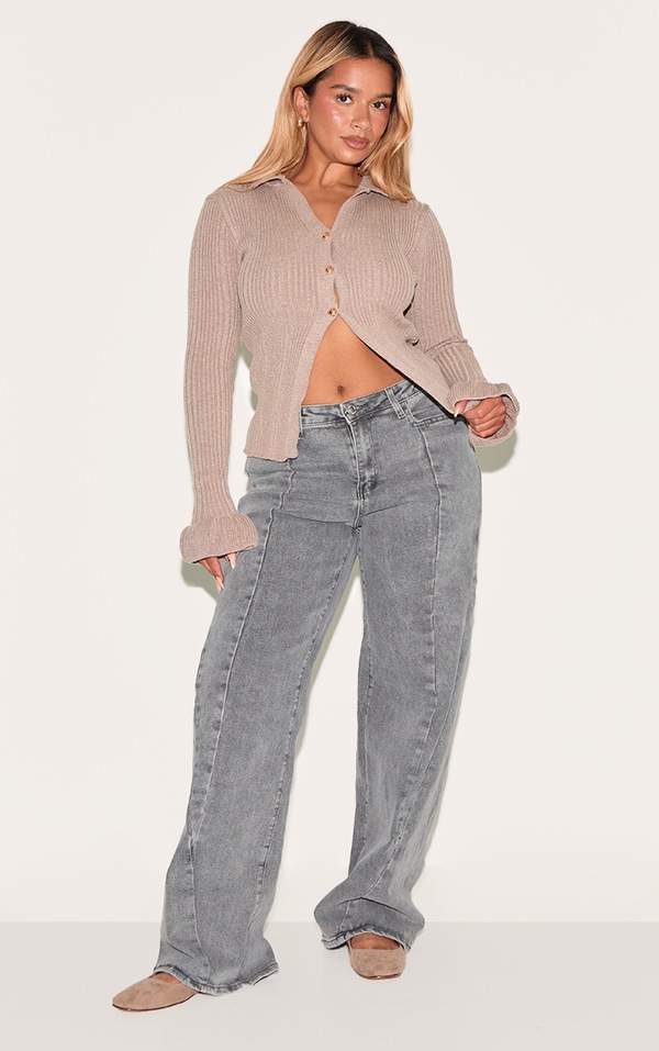 Shape Mocha Knit Rib Front Split Hem Cardigan | Shape | PrettyLittleThing