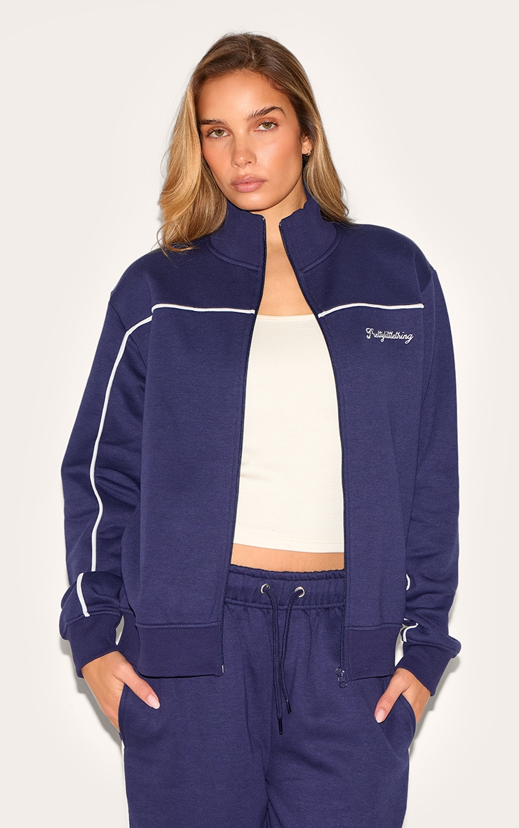 PLT Dark Blue Contrast Piping Zip Track Top | Sweat | PrettyLittleThing CA