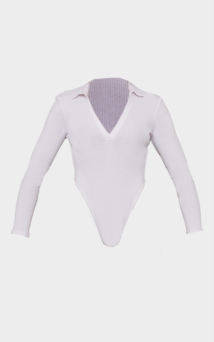 Body gris blanc cassé côtelé à col et manches longues ...