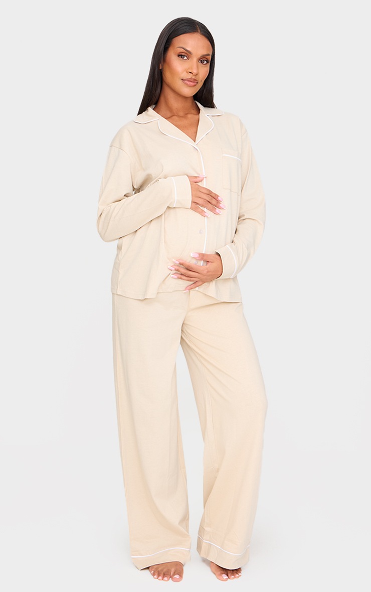Maternity Sand Jersey Piping Detail Long Pj Set | Maternity ...