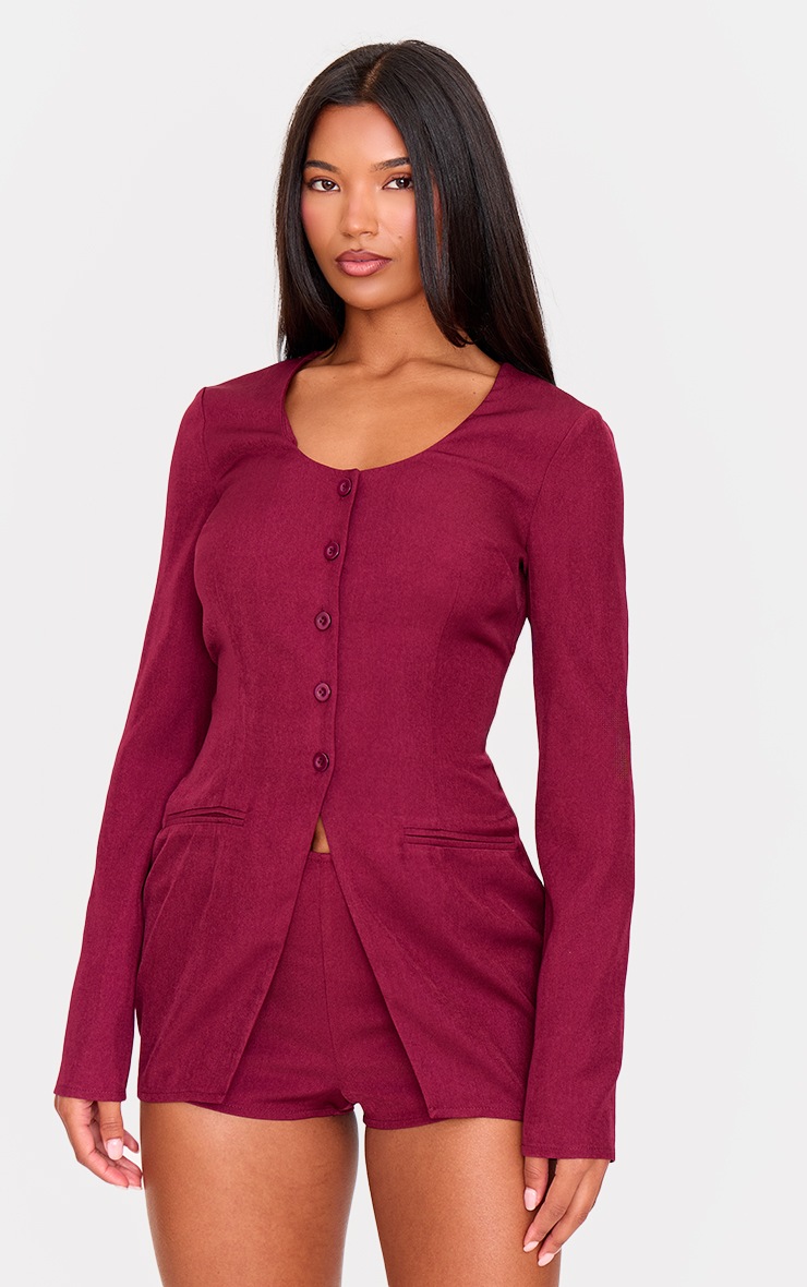 Burgundy Tailored Button Down Scoop Neck Playsuit | Jumpsuits ...