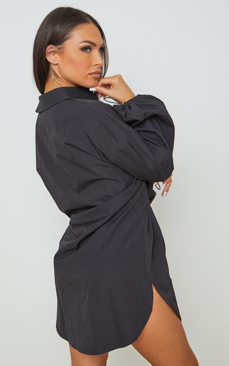 Black Tie Waist Elasticated Puff Cuff Shirt Dress | Dresses | PLT