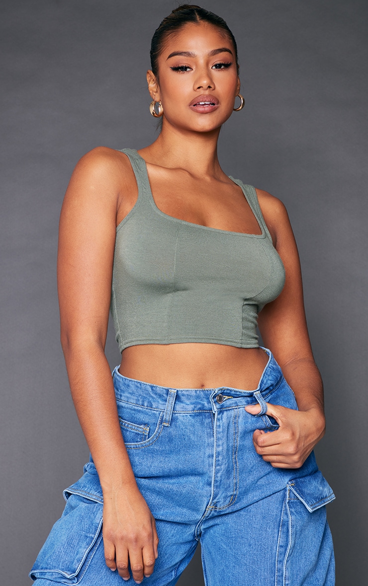 Moss Khaki Soft Jersey Seam Crop Top | Tops | PLT USA