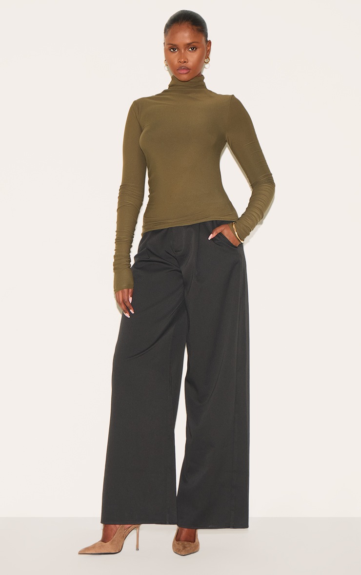 Khaki Soft Touch High Neck Ruched Sleeve Top | Tops | PLT