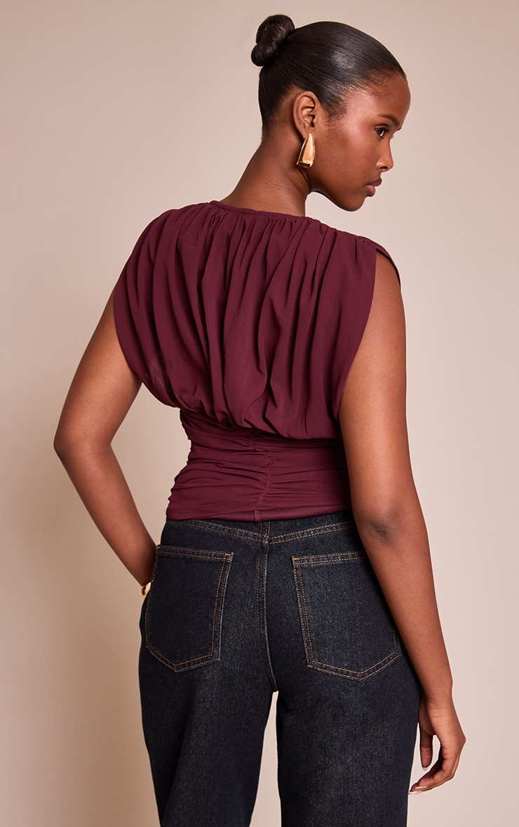 Wine Chiffon Plunge Ruched Bodice Top | Tops | PLT