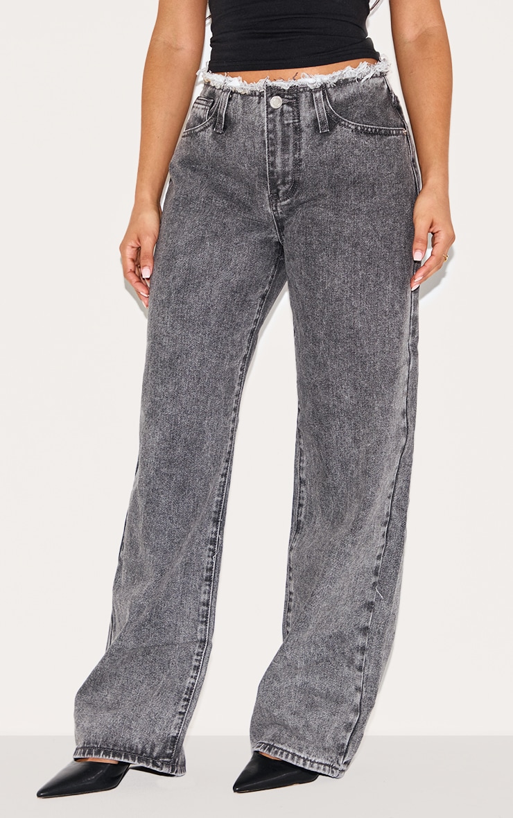 Petite Grey Fray Waist Low Rise Straight Leg Jeans | Petite ...