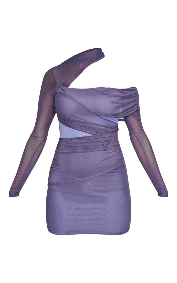 Robe asymétrique moulante mesh drapé gris col montant fronces ...