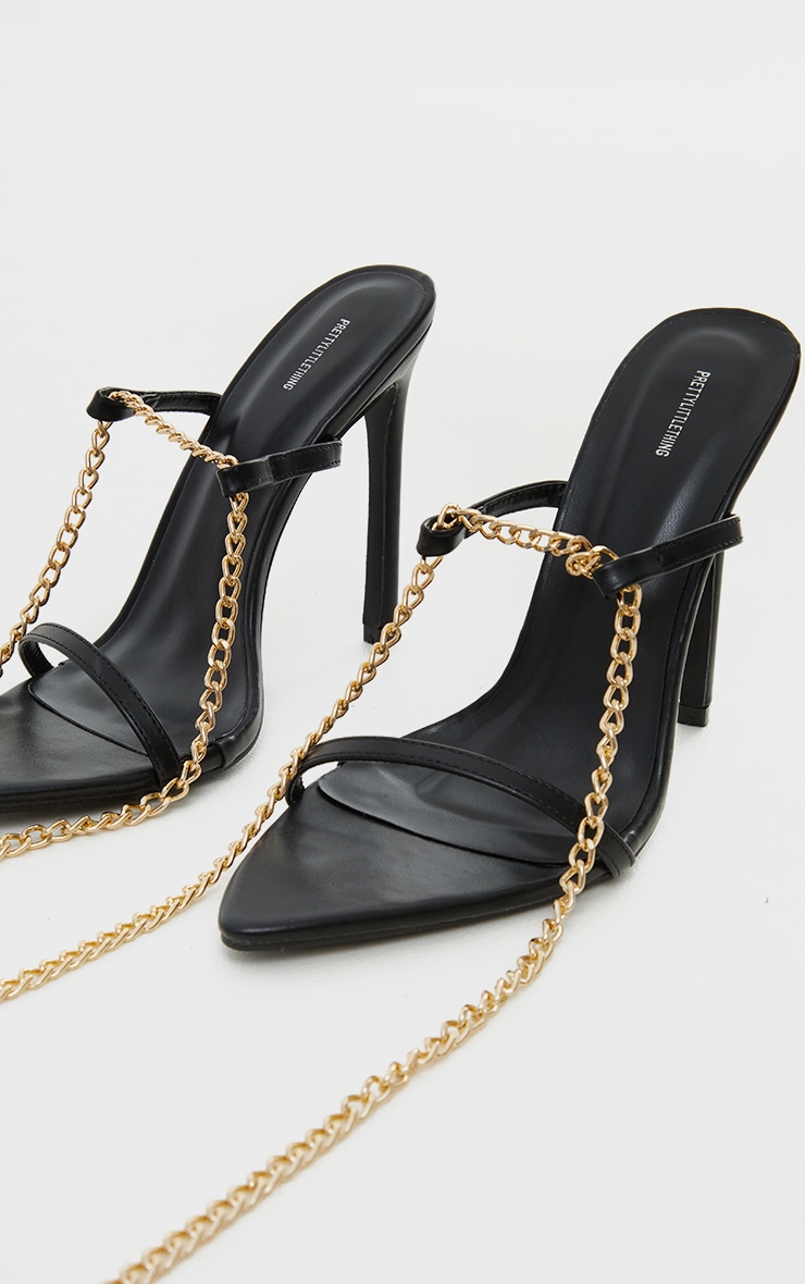 Black PU Pointed Strappy Chain High Heels | Footwear | PLT