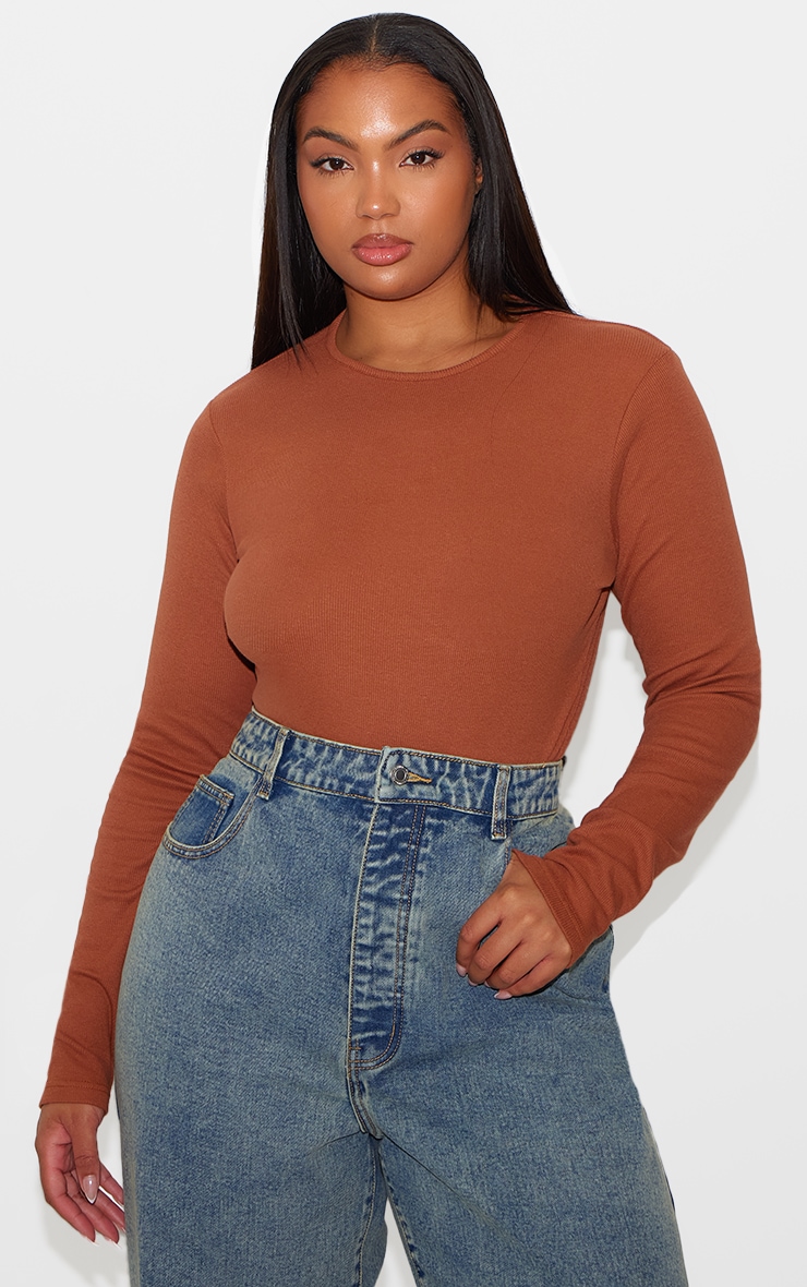 Plus Rust Basic Rib Long Sleeve Bodysuit | Plus Size | PrettyLittleThing