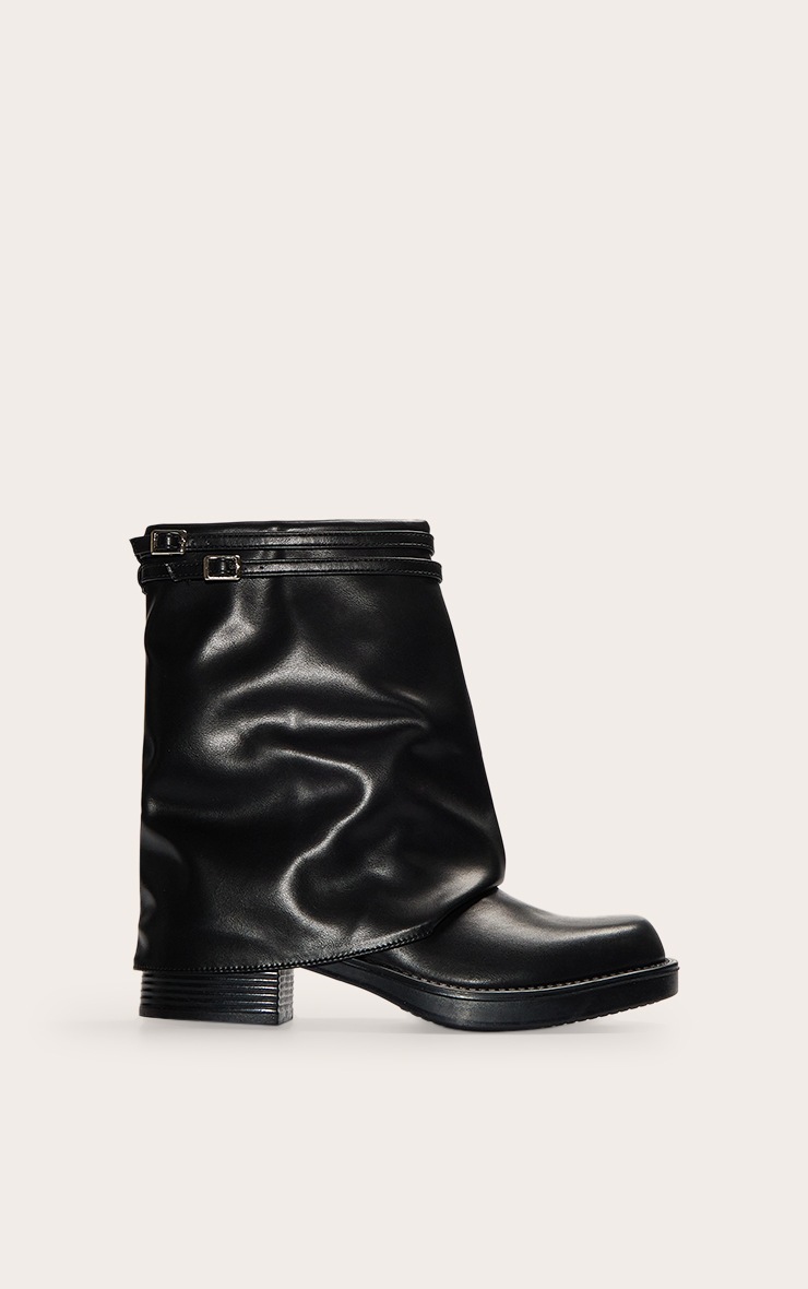 Black Round Toe Fold Over Buckle Strap Ankle Boots | Footwear | PLT