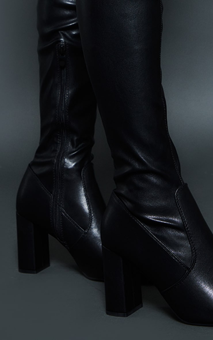 Black Pu Round Toe Block Heel Over The Knee Boot | PrettyLittleThing