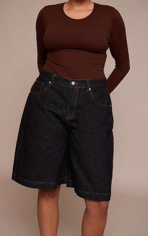 Plus Raw Indigo Wash Longline Denim Jorts | Plus Size | PLT