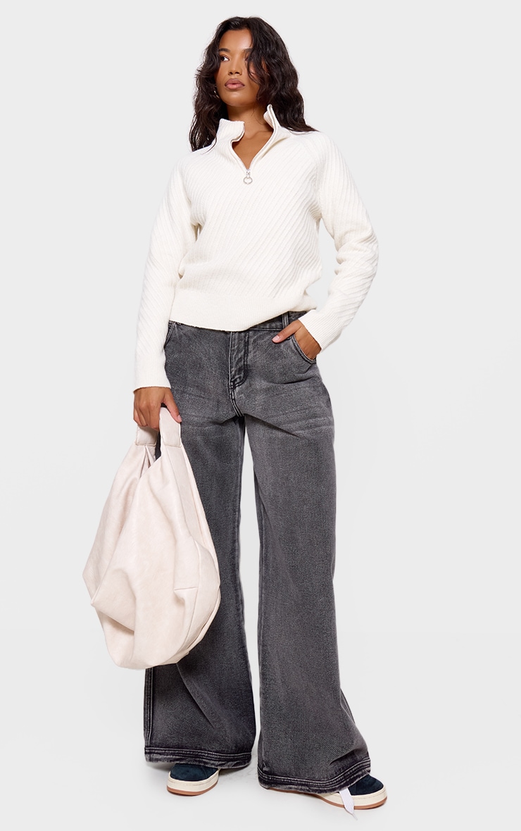 Cream Ripple Knit Half Zip Sweater | Knitwear | PLT USA