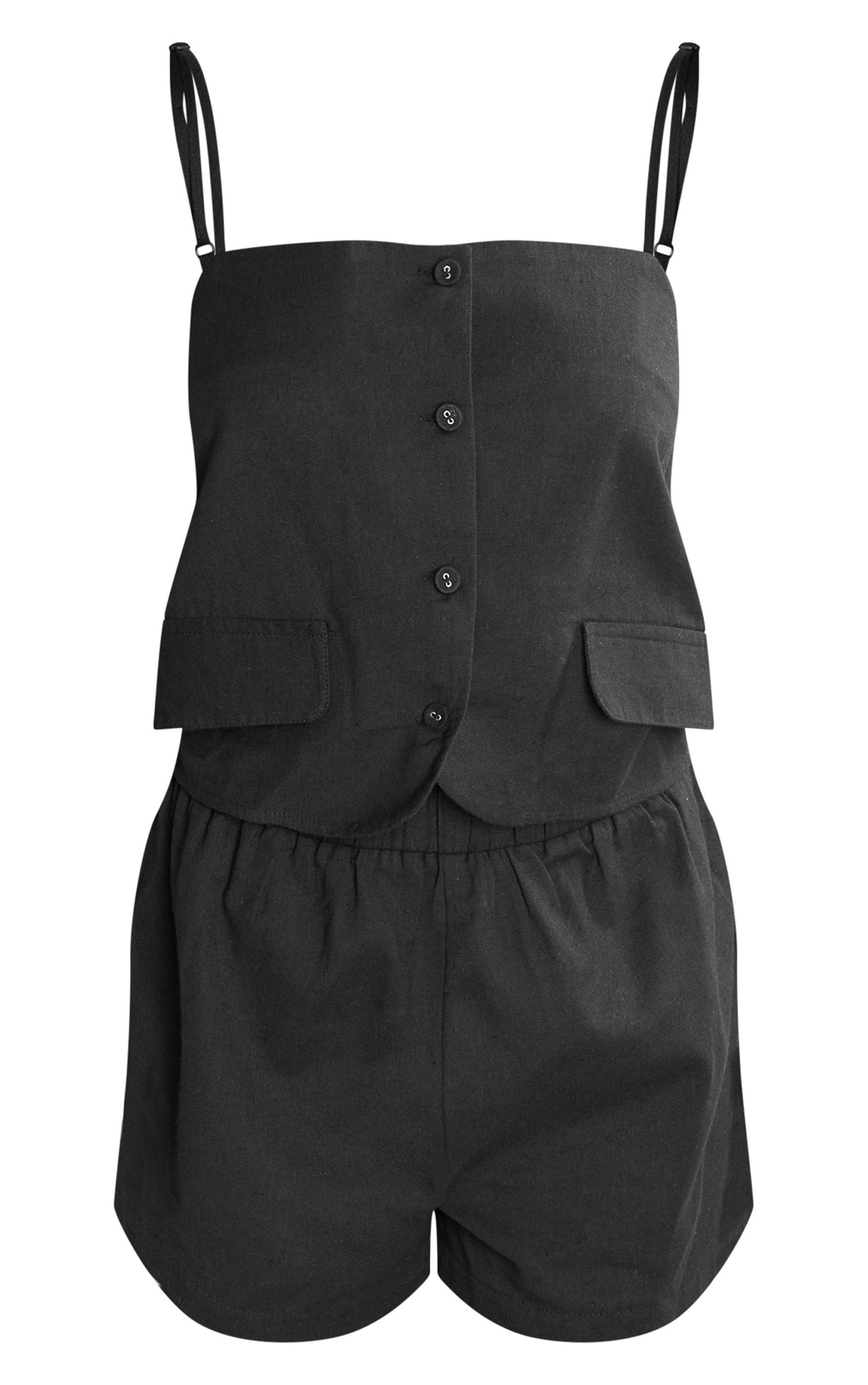 Black Linen Strappy Button Down Romper | Dresses | PrettyLittleThing USA