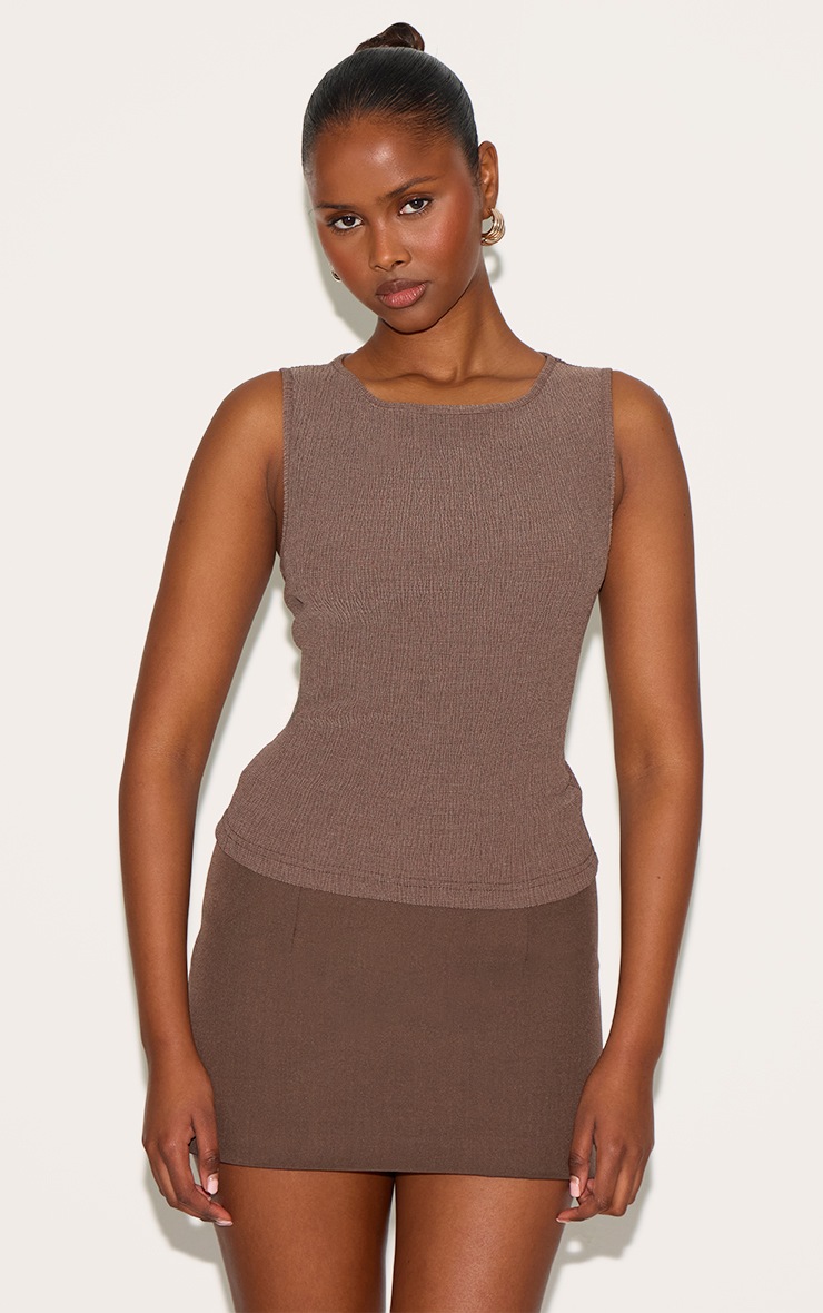 Chocolate Textured Boat Neck Sleeveless Top | Tops | PrettyLittleThing