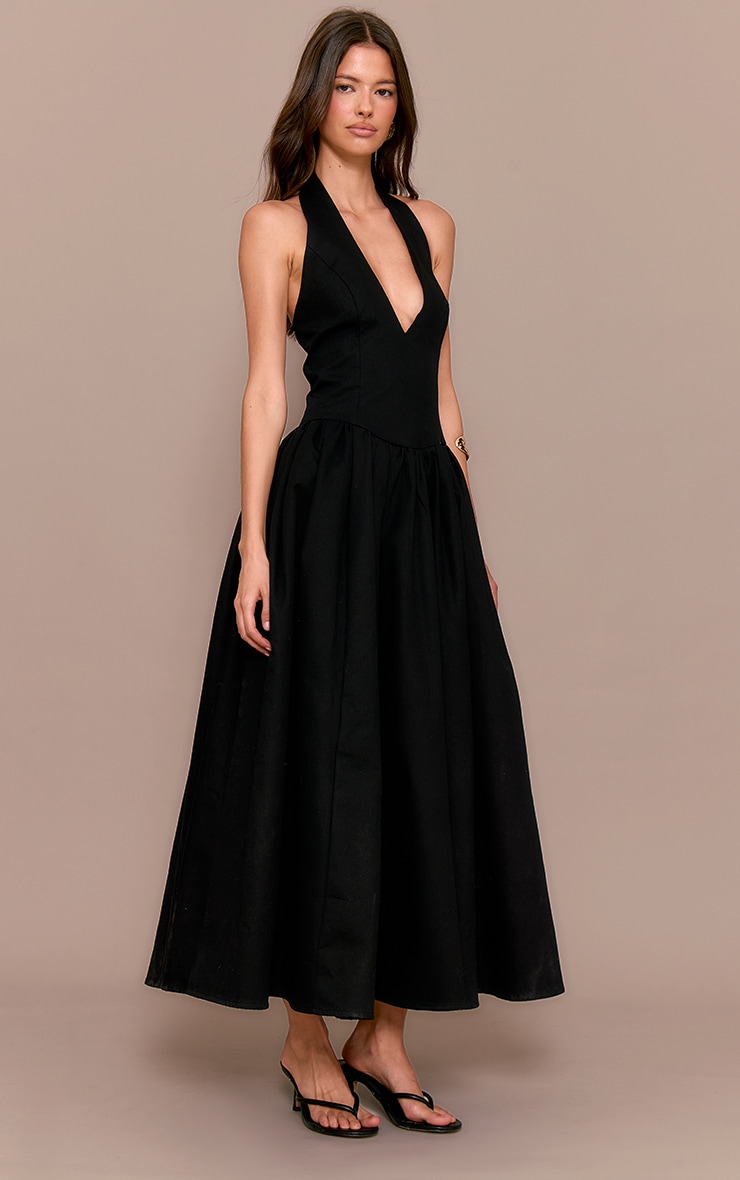 Black Halterneck Tie Detail Ruched Midaxi Dress | Dresses | PLT